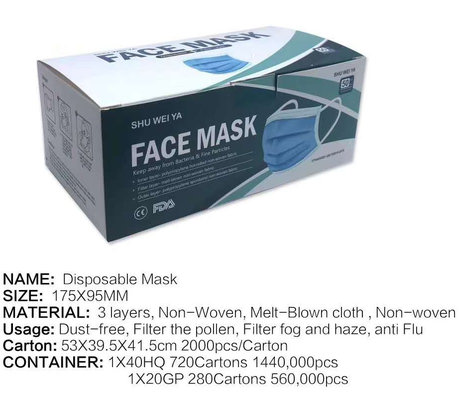 China Ce Fda Certificate 3ply Non-Woven Fabrics Earloop Disposable Face Mask supplier