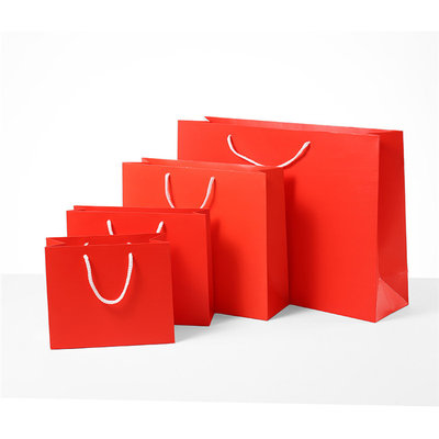 Different sizes pure red your logo printed cotton rope handel clothes paper bag supplier