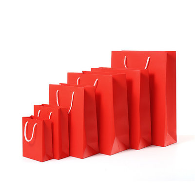 Different sizes pure red your logo printed cotton rope handel clothes paper bag supplier