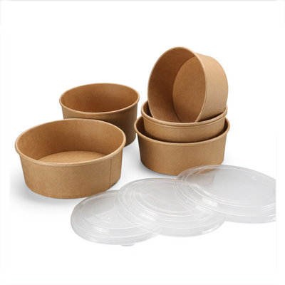 Disposable brown kraft paper bowl oilproof food packaging biodegradable tableware with clear transparent lid supplier