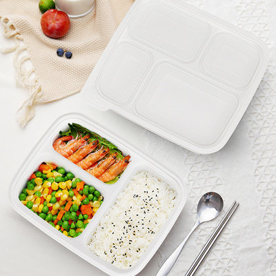Three compartments starch warp up tray white color eco friendly fast food container with lid supplier