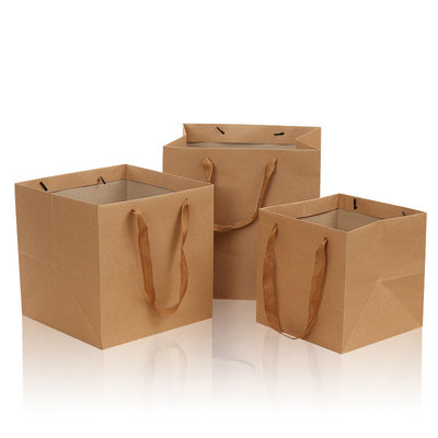 Mini size brown kraft square paper bag with handle custom logo print supplier