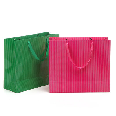 Art paper material glossy laminated striped paper bag mini bags with ribbon rope supplier