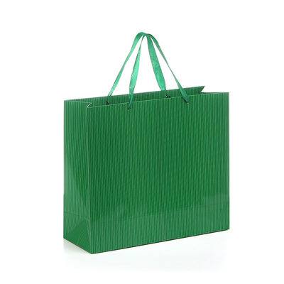Art paper material glossy laminated striped paper bag mini bags with ribbon rope supplier