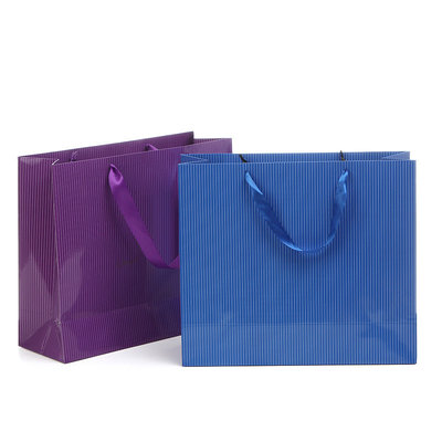 Art paper material glossy laminated striped paper bag mini bags with ribbon rope supplier