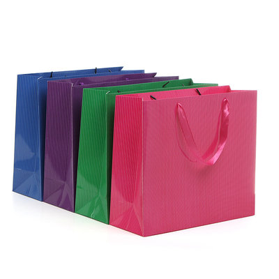 Art paper material glossy laminated striped paper bag mini bags with ribbon rope supplier