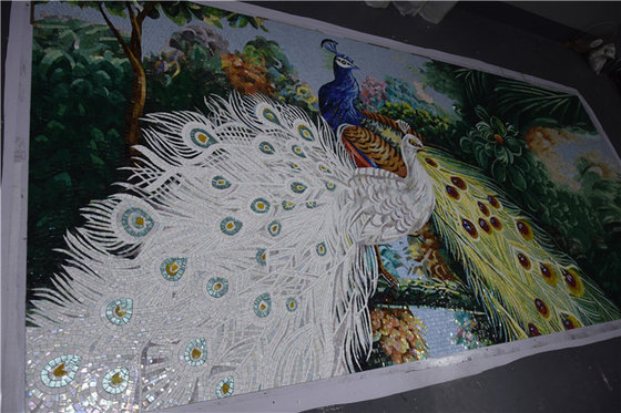 Beautiful Peacock Wallpaper Mural , Glass Tile Murals Colorful Mosaic Chips