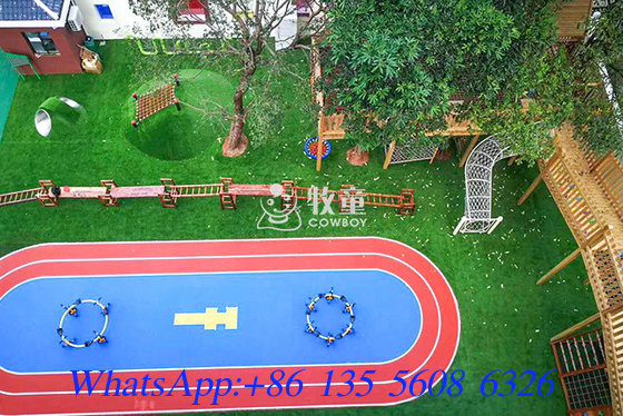 Kindergarten wooden tree house outdoor playground equipment with climbing net supplier