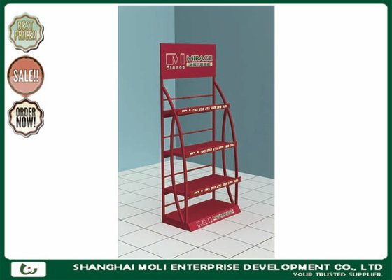 China Custom Printed Red Color Metal Display Floor Four Shelves Display Rack Stands distributor