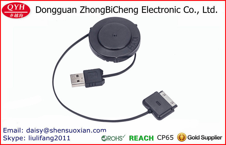 Plastic Reel One Way Retractable USB To 30pin Cable For Charging Sync Data Transmission
