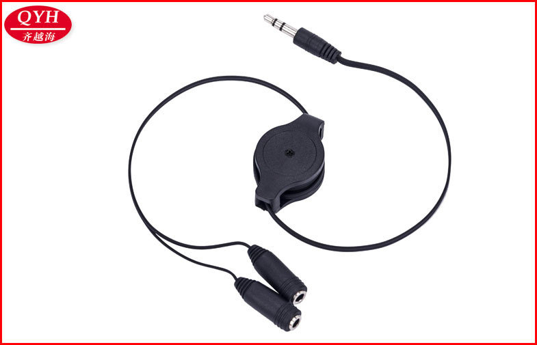 Male 3.5mm 2 female usb aux in adapter retractable cable for earphone