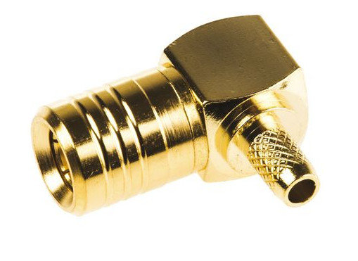 Right Angle Cable Mount Subminiature SMB Connector Plug, 50Ω Impedance, Crimp Termination