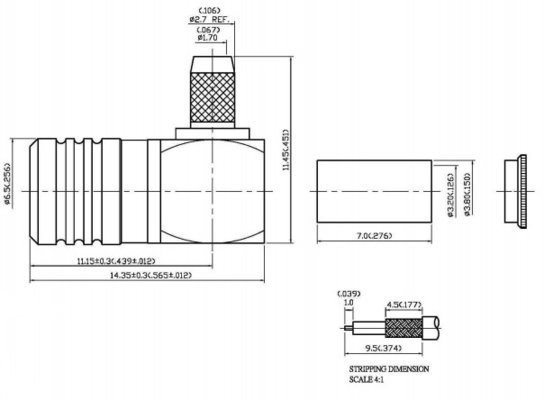 Right Angle Cable Mount Subminiature SMB Connector Plug, 50Ω Impedance, Crimp Termination