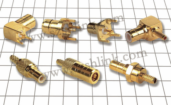 Right Angle Cable Mount Subminiature SMB Connector Plug, 50Ω Impedance, Crimp Termination