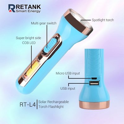 RETANK L4 18650 lifepo4 led rechargeable torch light COB sidelight torchlight charge by solar panel and micro usb