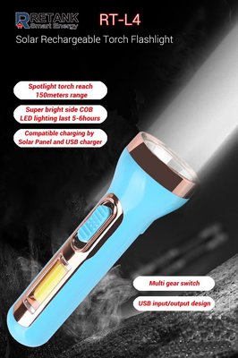 RT-L4 Solar Rechargeable Torch Flashlight built in 18650 battery