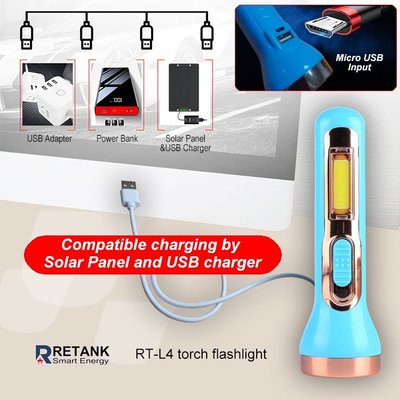 RETANK L4 18650 lifepo4 led rechargeable torch light COB sidelight torchlight charge by solar panel and micro usb