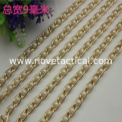 Delicate design top quality white pearl decorative light gold 9 mm metal long chain bag