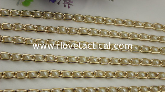 Delicate design top quality white pearl decorative light gold 9 mm metal long chain bag