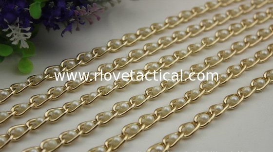 Delicate design top quality white pearl decorative light gold 9 mm metal long chain bag