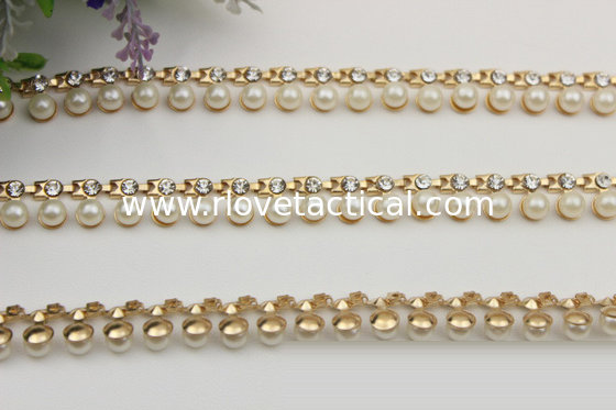 Precise design high end pearl and diamond style light gold 90 mm length purse metal chains