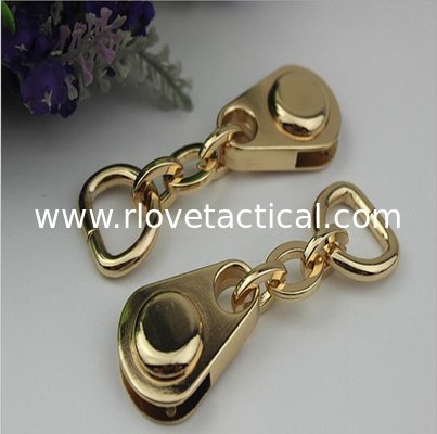 Top quality zinc alloy light gold handbag zipper slider with iron d ring