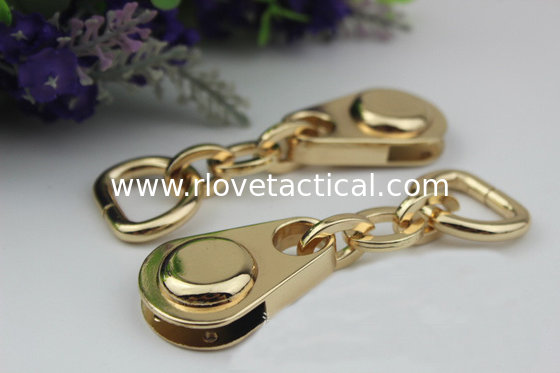 Top quality zinc alloy light gold handbag zipper slider with iron d ring