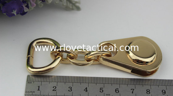 Top quality zinc alloy light gold handbag zipper slider with iron d ring