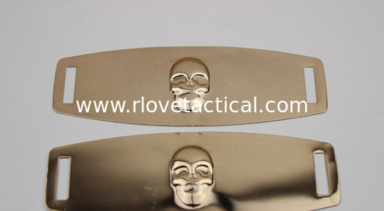 Eco-friendly plating iron sheets gold color embossed skull logo shoe metal buckles for shoelace
