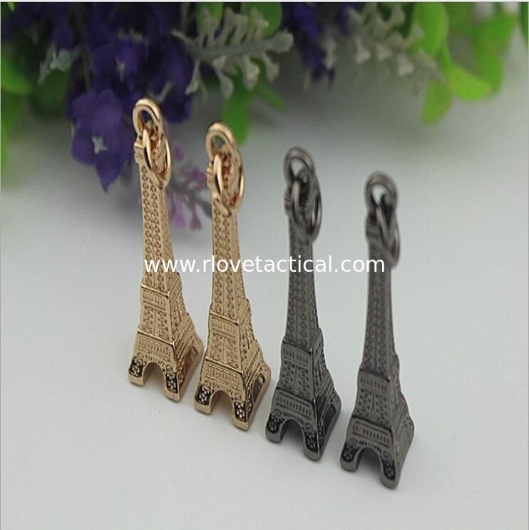 Luggage hardware accessories Paris Tower shape 50mm length gold pendant metal buckle zipper tag