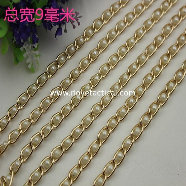 Delicate design top quality white pearl decorative light gold 9 mm metal long chain bag