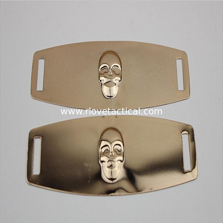 Eco-friendly plating iron sheets gold color embossed skull logo shoe metal buckles for shoelace