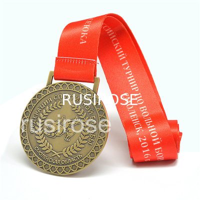 Kazakhstan 3D antique bronze medals customized, with blue ribbon medal supplier