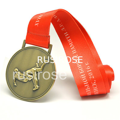 Kazakhstan 3D antique bronze medals customized, with blue ribbon medal supplier