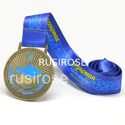 Kazakhstan 3D antique bronze medals customized, with blue ribbon medal supplier