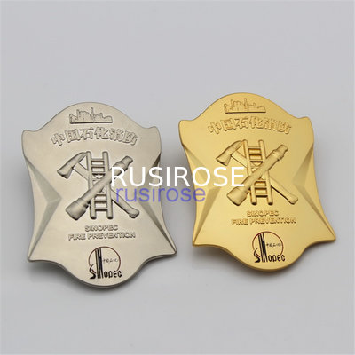 Fire safety reward badge made to order, matte gold metal badges made to order, fire brigade badges supplier