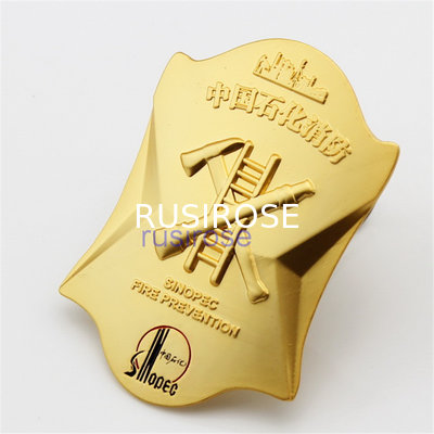 Fire safety reward badge made to order, matte gold metal badges made to order, fire brigade badges supplier