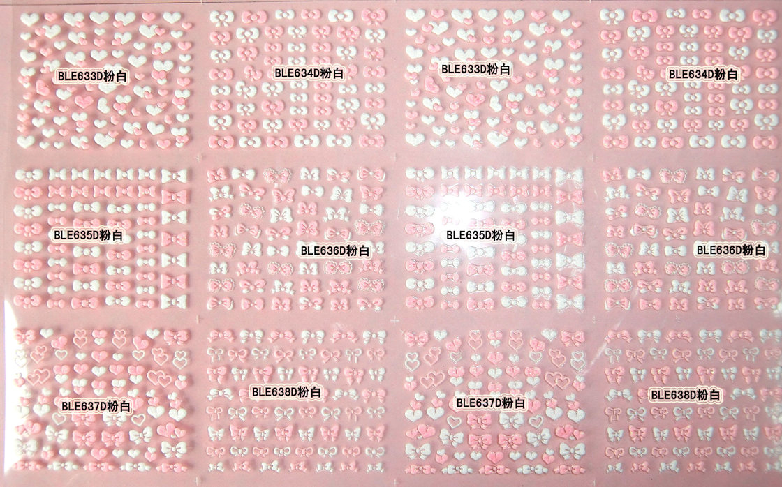 Bow Heart Pink and White Safe and non-toxic 3D Nail Art Sticker Glitte Tips -BLE633-683D