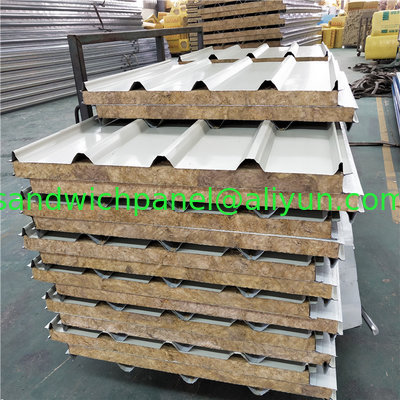 not slip 960mm rock wool sandwich roof panel with 0.376mm ivory white steel sheet suirface
