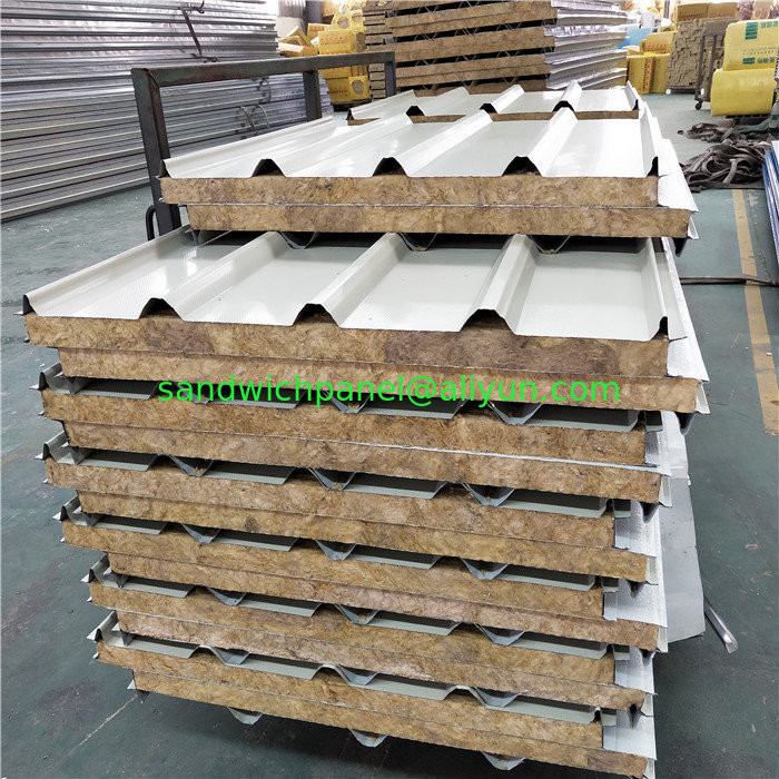 not slip 960mm rock wool sandwich roof panel with 0.376mm ivory white steel sheet suirface