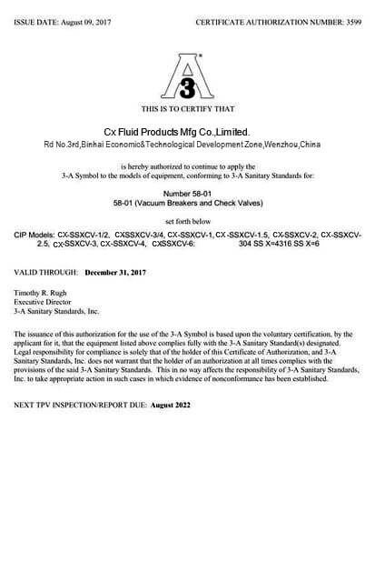 Китай CX FLUID PRODUCTS MFG CO.,LIMITED Сертификаты