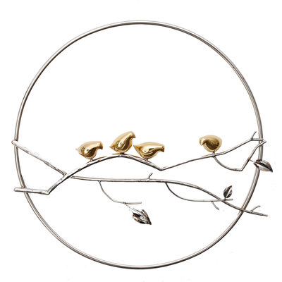 Chinese Symbols Metal Wall Art in Stainless Steel Bird in Tree Wall Decal Lotus of Office for Home Decorations