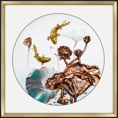 Oriental Metal Canvas Wall Art Decor Sculpture Lotus with Fish wooden framed for Home Decoration DTA-003-1