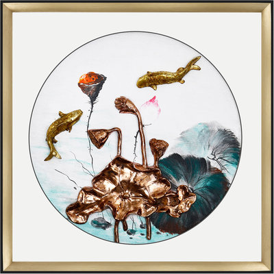 Oriental Metal Canvas Wall Art Decor Sculpture Lotus with Fish wooden framed for Home Decoration DTA-003-1