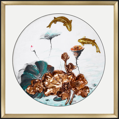 Oriental Metal Canvas Wall Art Decor Sculpture Lotus with Fish wooden framed for Home Decoration DTA-003-1