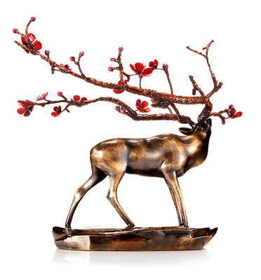Handmade Creative Abstract Metal Cast Brass Sika Deer Statue with Plum Blossom Collectable Table decorations Sculpture