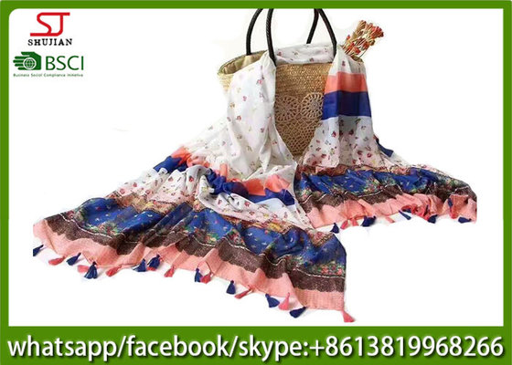 China manufactuer women lady national style print scarf  wavy floral tassel stripe 90*180cm 105g 100%polyester  voile