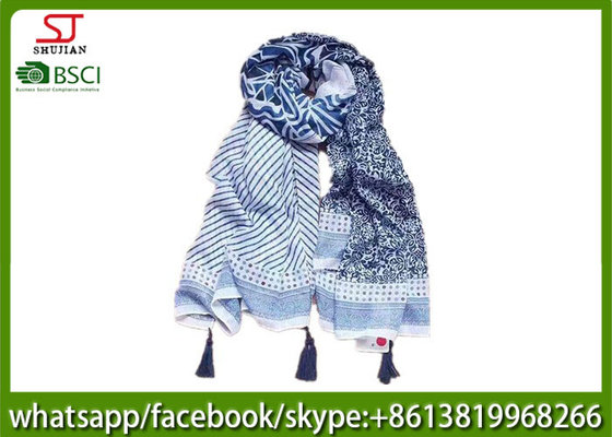 China manufactuer women lady national style print scarf  wavy floral tassel stripe 90*180cm 105g 100%polyester  voile