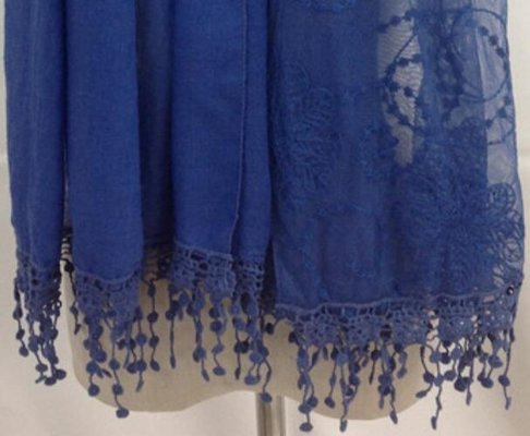 Chinese factory blue embroider tassel lace thin scarf 20%Cotton 80%Polyester 70*180cm spring summer autumn keep fashion