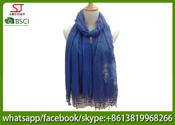 Chinese factory blue embroider tassel lace thin scarf 20%Cotton 80%Polyester 70*180cm spring summer autumn keep fashion